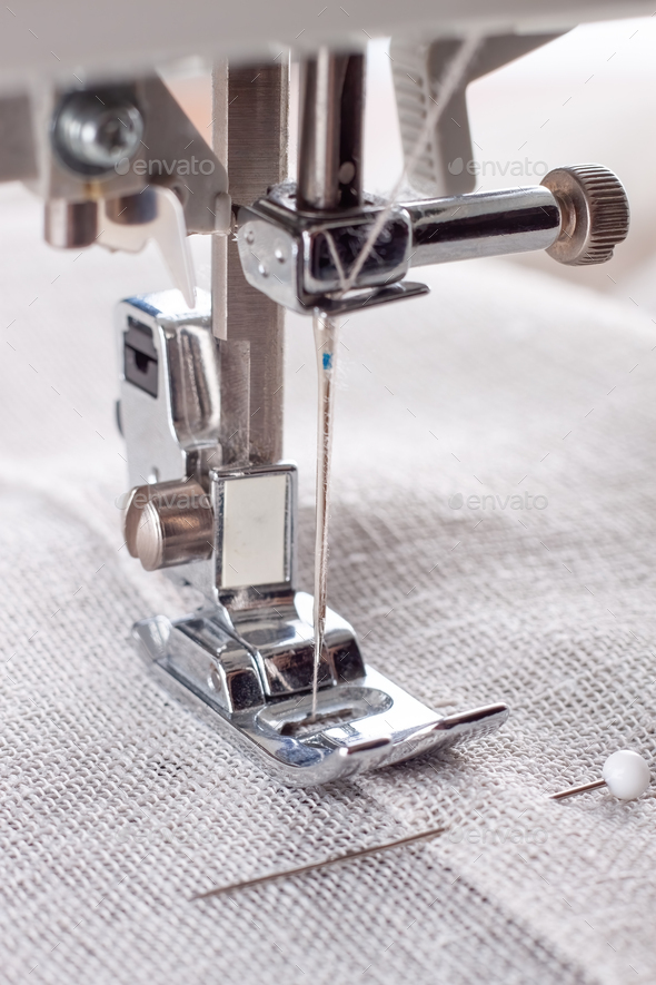 Modern Sewing Machine Presser Foot With Linen Fabric And Thread ...