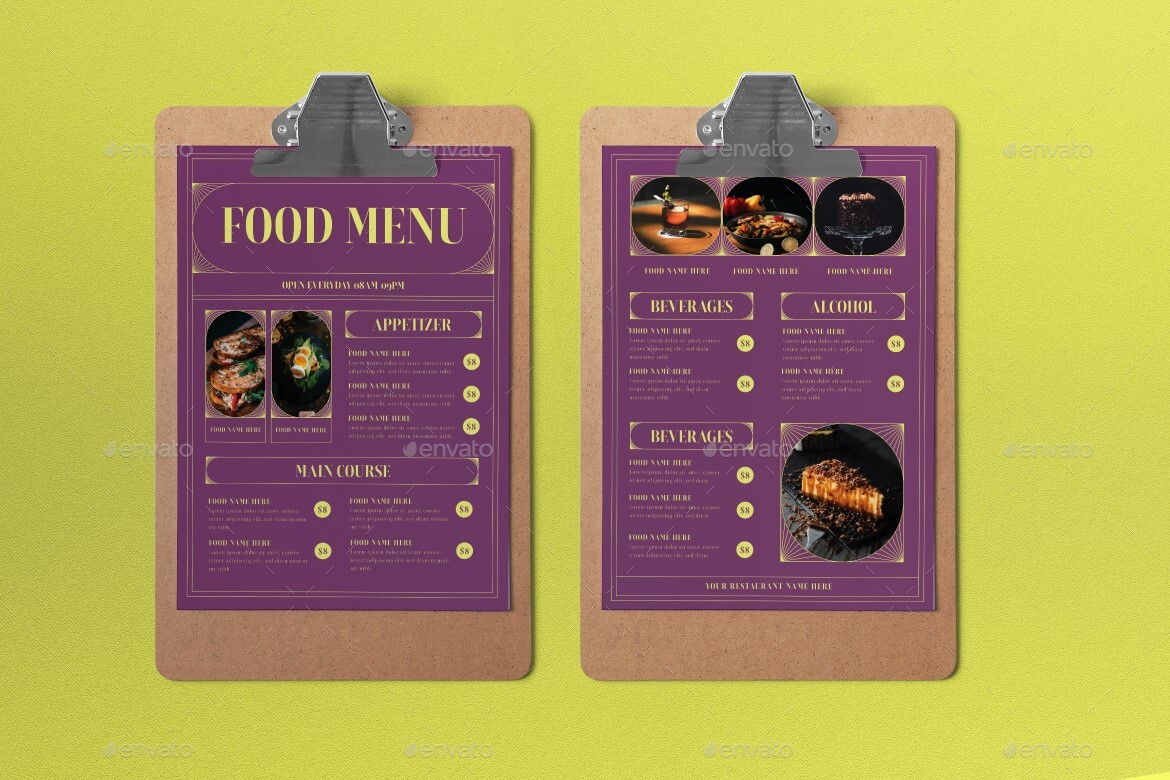 Purple Art Deco Food Menu, Print Templates | GraphicRiver
