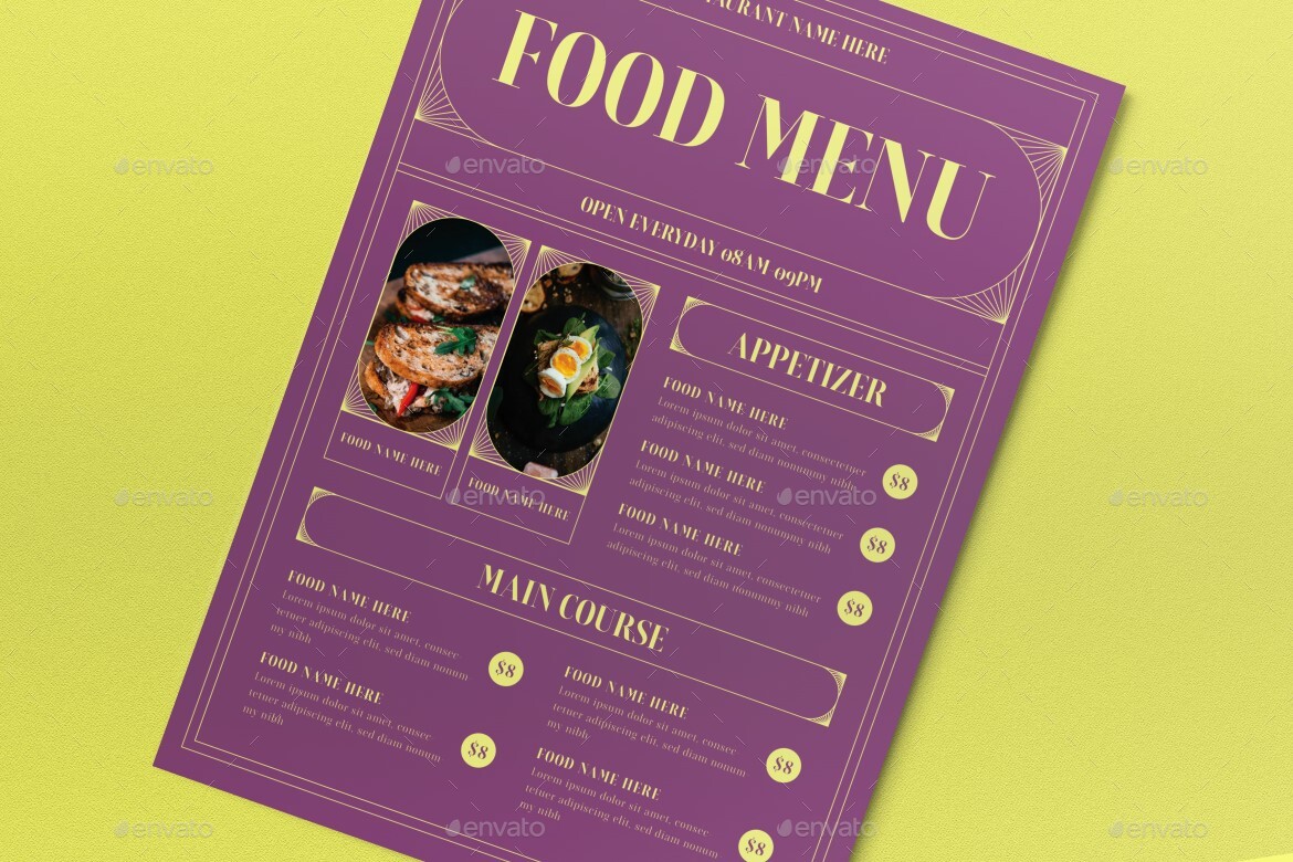 Purple Art Deco Food Menu, Print Templates | GraphicRiver