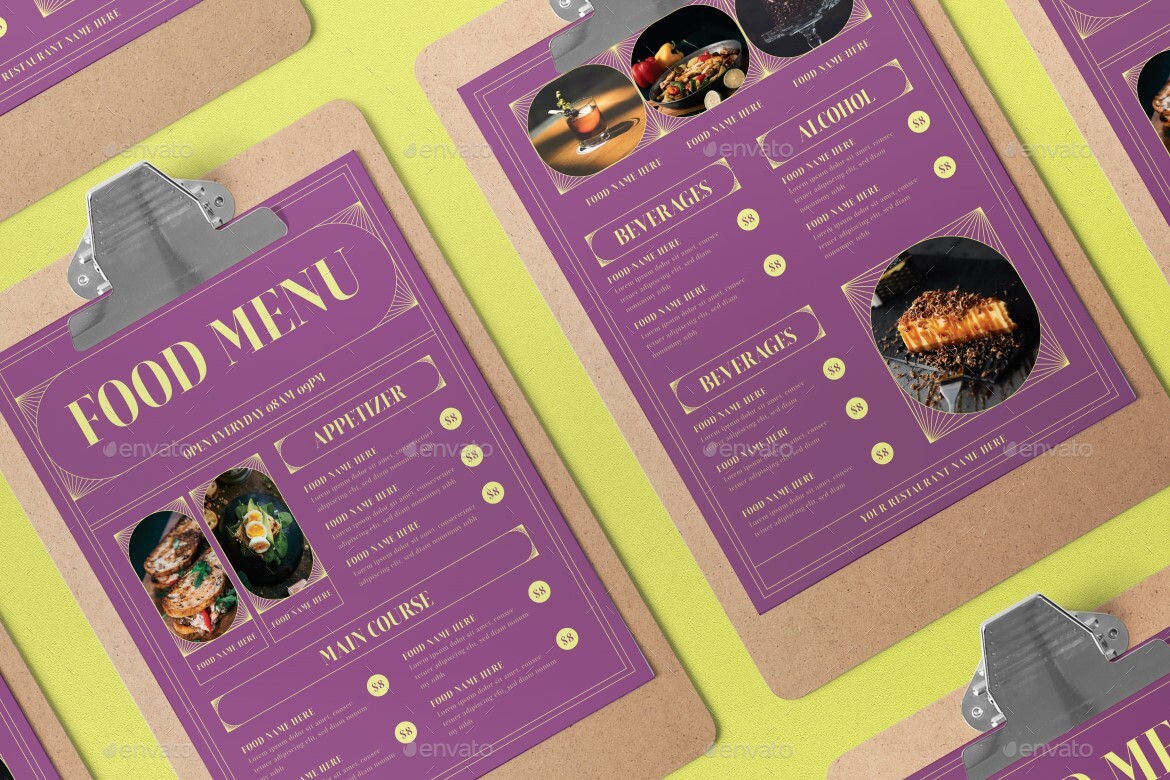 Purple Art Deco Food Menu, Print Templates | GraphicRiver