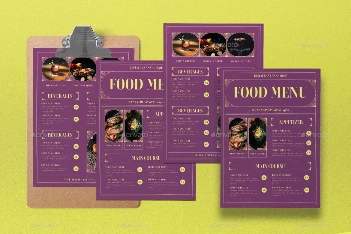 Purple Art Deco Food Menu, Print Templates | GraphicRiver