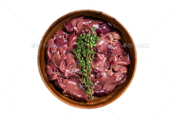 Raw duck liver offals in a wooden plate. Isolated on white background ...
