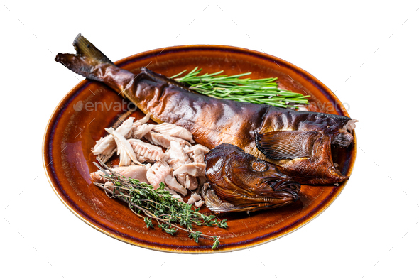 Fillet of Hot smoked fish perch in a rustic plate with thyme. Isolated ...