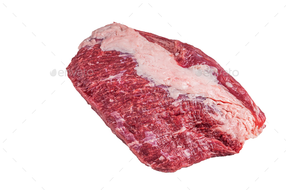Raw Round beef meat cut on a butcher table. Isolated on white ...