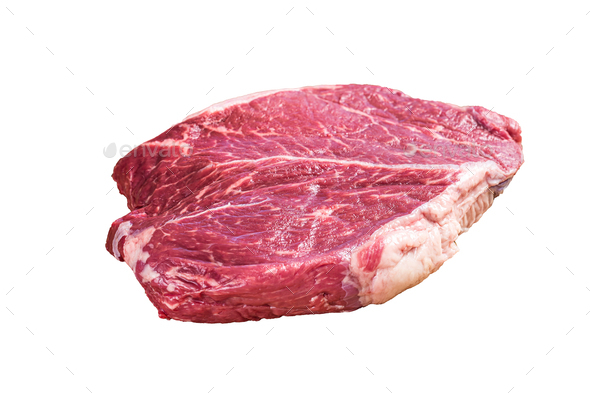Dry aged raw beef round steak cut on a butcher table. Isolated on white ...