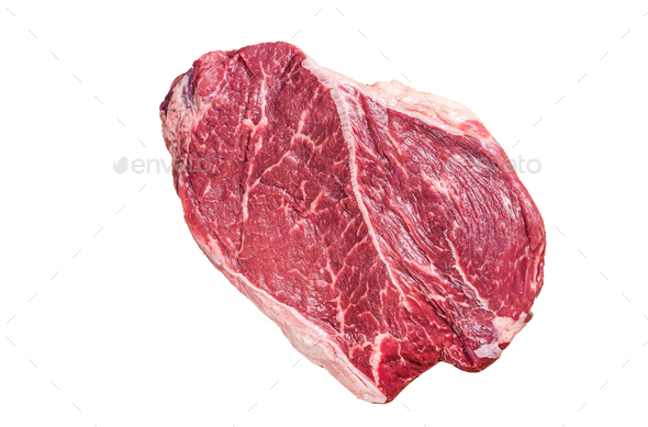 Dry aged raw beef round steak cut on a butcher table. Isolated on white ...