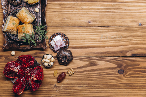 Ramadan table top view. Banner with traditional Arabic dishes, cup of ...