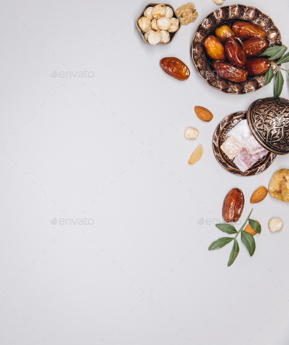 Traditional table for Ramadan. Set of dried fruits, on old islamic ...