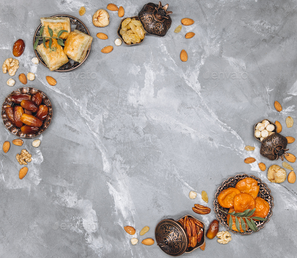 Stylish banner with traditional Arabic tableware and food sets, cup of ...