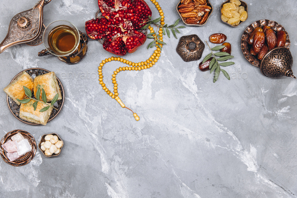 Stylish banner with traditional Arabic tableware and food sets, cup of ...