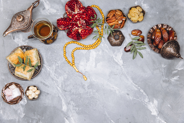 Stylish banner with traditional Arabic tableware and food sets, cup of ...