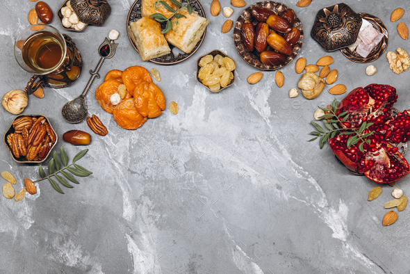 Stylish banner with traditional Arabic tableware and food sets, cup of ...