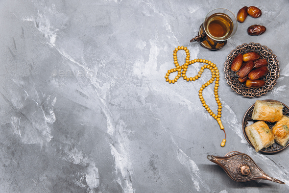 Stylish banner with traditional Arabic tableware and food sets, cup of ...