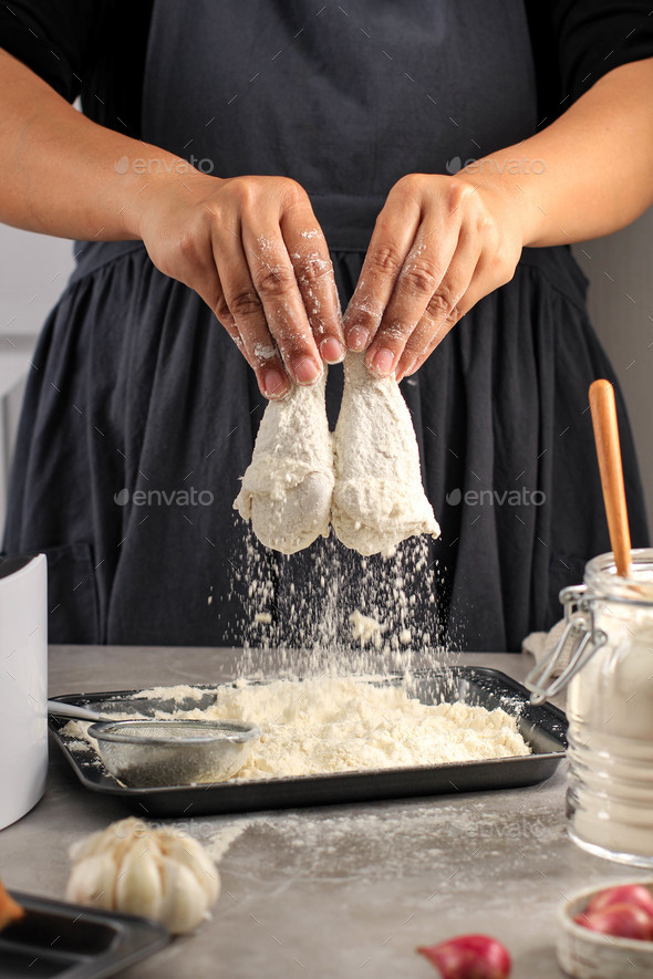 Female Home Chef Making Homemade Crispy Fried Chicken, Coating Chicken ...