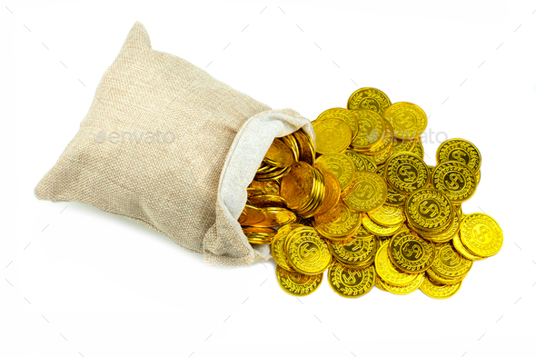Stack bundles of 100 US dollars banknotes and gold coin in treasure ...