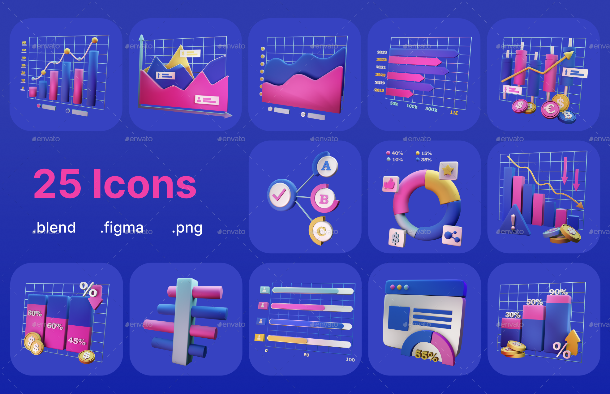 Statistics And Chart 3D Icons Set, Icons | GraphicRiver