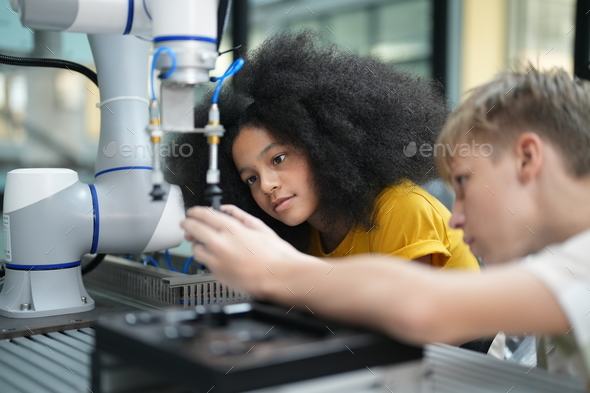 Children learning AI technology Robot with artificial intelligence ...
