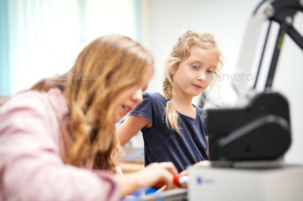 Children learning AI technology Robot with artificial intelligence ...