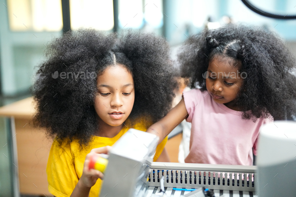 Children learning AI technology Robot with artificial intelligence ...