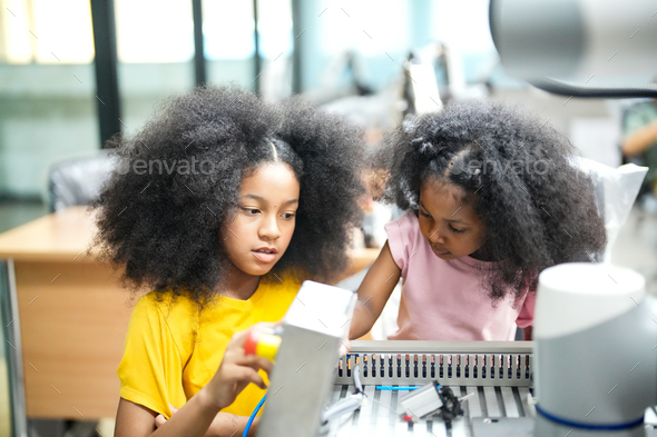 Children learning AI technology Robot with artificial intelligence ...