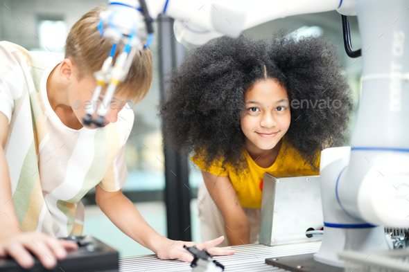 Children learning AI technology Robot with artificial intelligence ...