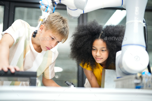 Children learning AI technology Robot with artificial intelligence ...