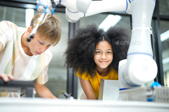 Children learning AI technology Robot with artificial intelligence ...