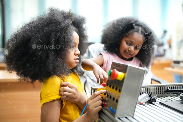 Children learning AI technology Robot with artificial intelligence ...