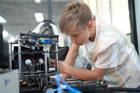 Children learning AI technology Robot with artificial intelligence ...