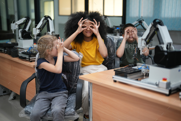 Children learning AI technology Robot with artificial intelligence ...