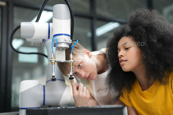 Children learning AI technology Robot with artificial intelligence ...
