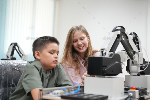 Children learning AI technology Robot with artificial intelligence ...