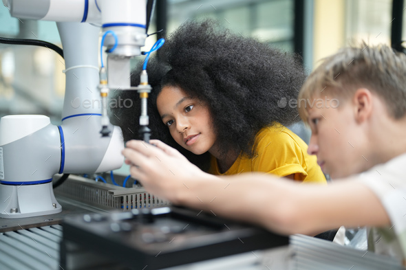 Children learning AI technology Robot with artificial intelligence ...