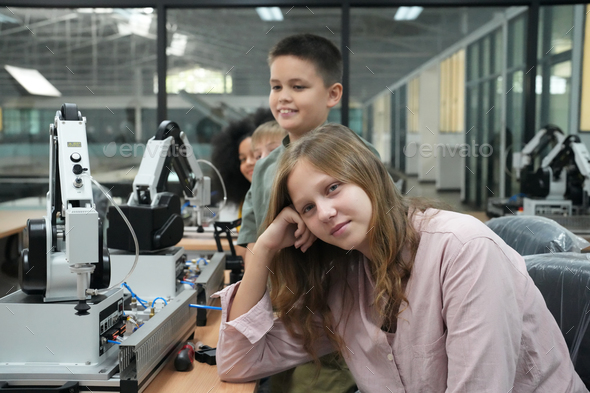 Children learning AI technology Robot with artificial intelligence ...