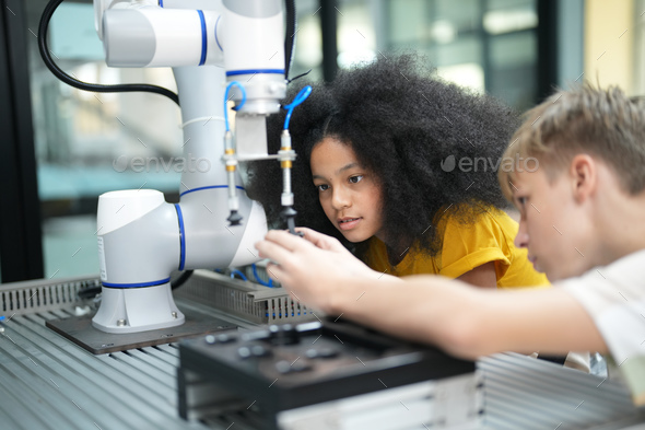 Children learning AI technology Robot with artificial intelligence ...