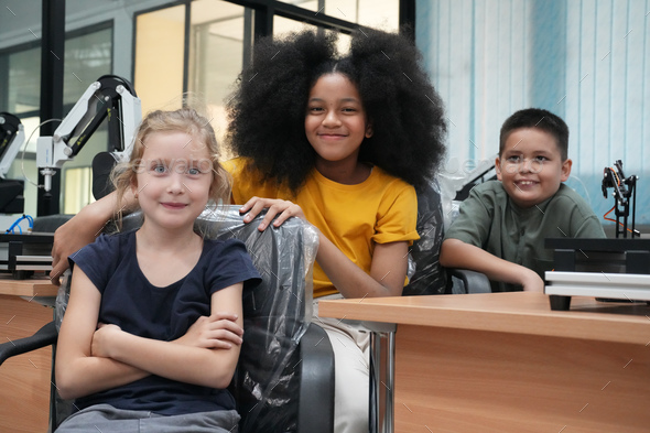 Children learning AI technology Robot with artificial intelligence ...