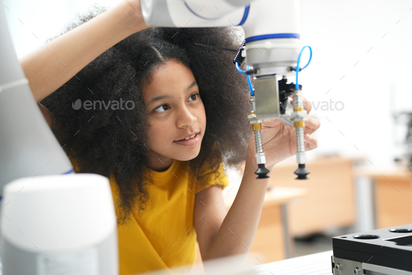 Children learning AI technology Robot with artificial intelligence ...