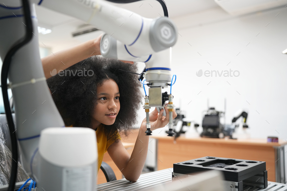 Children learning AI technology Robot with artificial intelligence ...