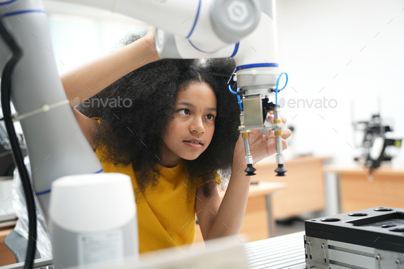 Children learning AI technology Robot with artificial intelligence ...