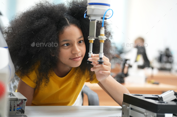 Children learning AI technology Robot with artificial intelligence ...