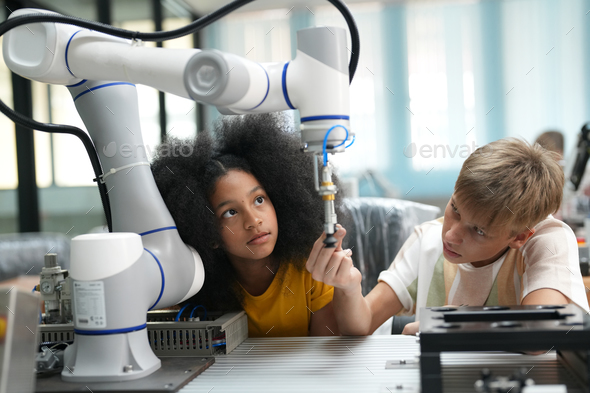Children learning AI technology Robot with artificial intelligence ...
