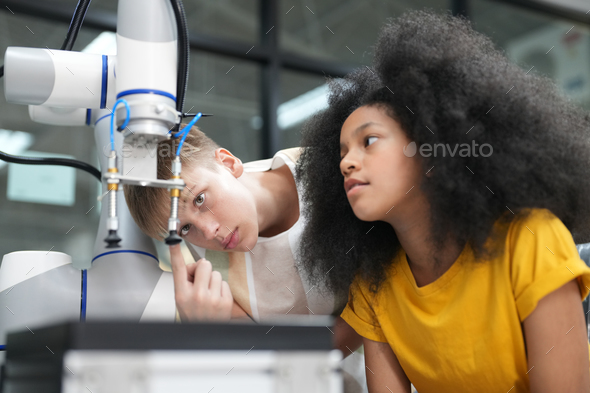 Children learning AI technology Robot with artificial intelligence ...