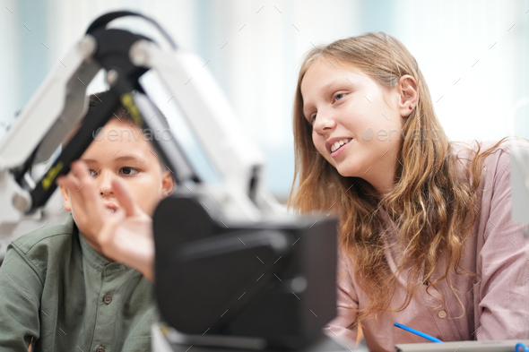 Children learning AI technology Robot with artificial intelligence ...