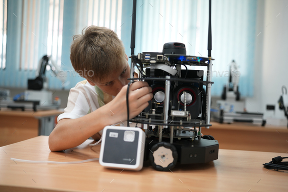 Children learning AI technology Robot with artificial intelligence ...