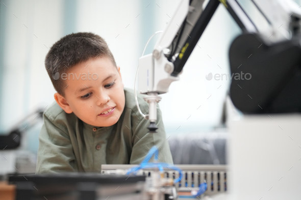 Children learning AI technology Robot with artificial intelligence ...