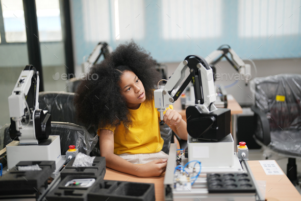 Children learning AI technology Robot with artificial intelligence ...