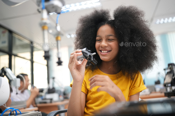 Children learning AI technology Robot with artificial intelligence ...