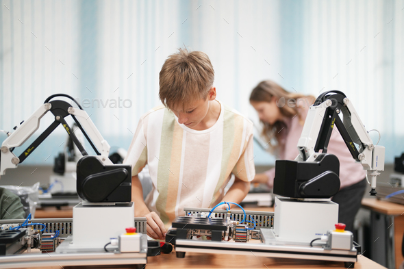 Children learning AI technology Robot with artificial intelligence ...