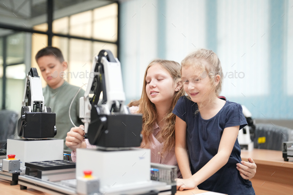 Children learning AI technology Robot with artificial intelligence ...