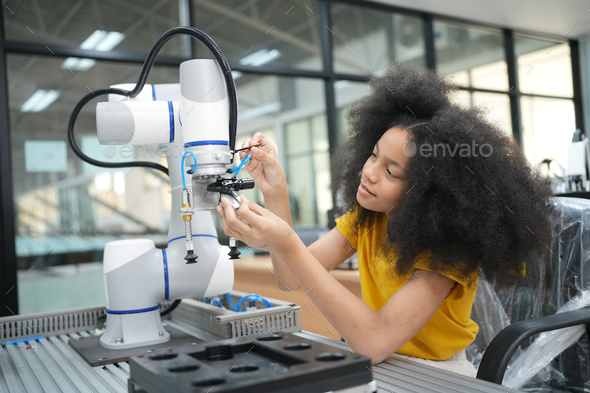 Children learning AI technology Robot with artificial intelligence ...